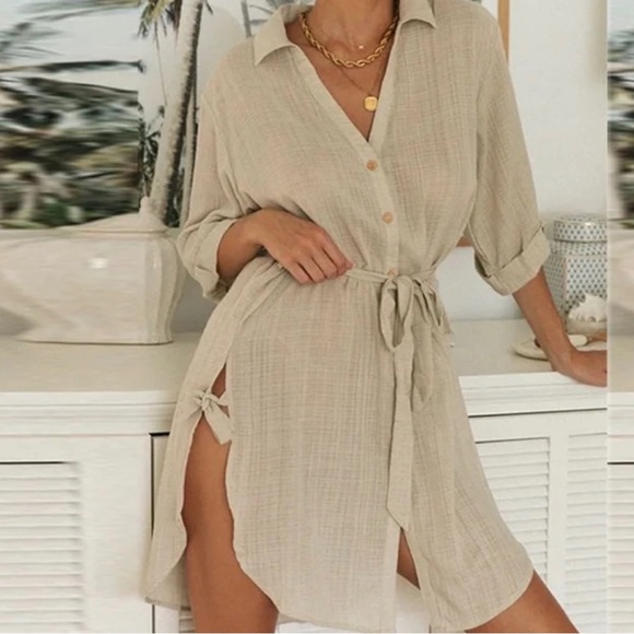 Lena Vie Boutique | Tops | Cotton Linen Side Slit Tie Collard Shirt ...